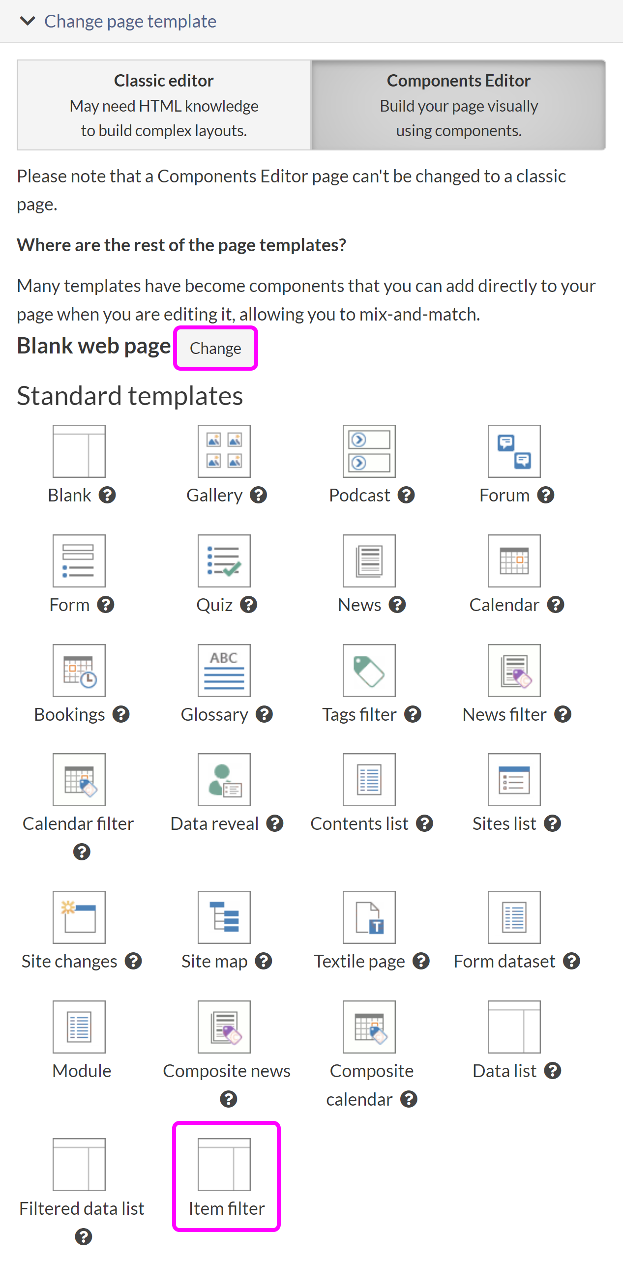 Item filter page - SiteBuilder manual - IDG