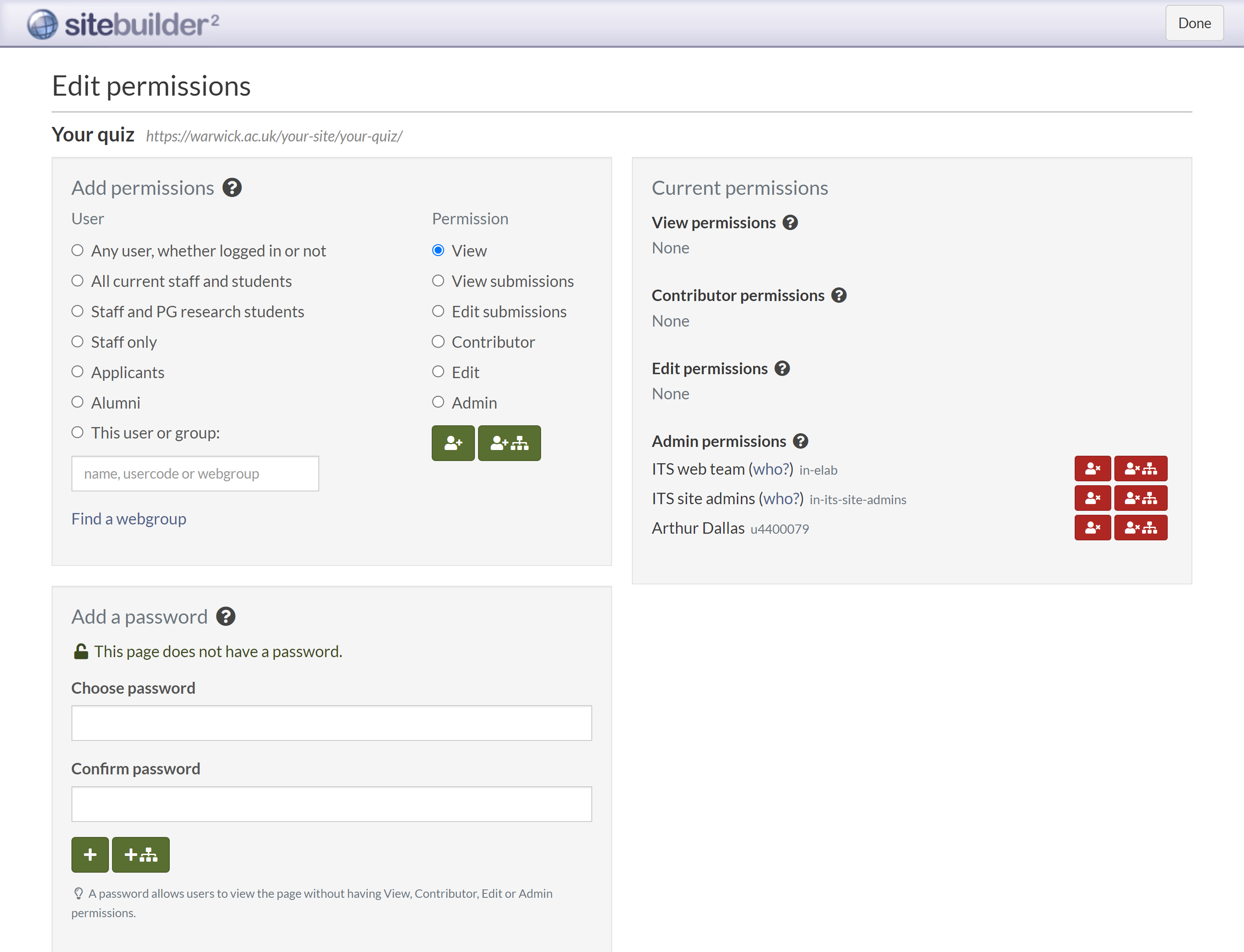 Add permission to view submissions - SiteBuilder quiz - IDG